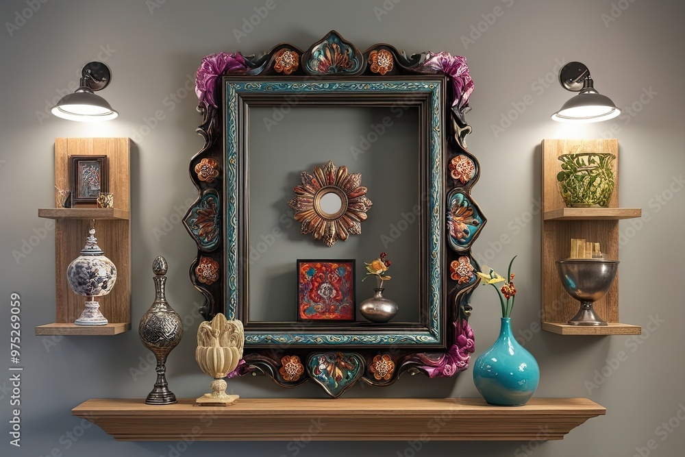 Whimsical Floating Frame with Eclectic Decor on Wall Shelf in Vivid 3D ...
