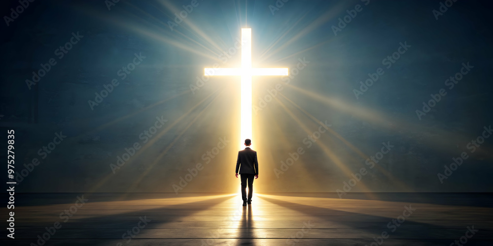 Person walking towards a glowing cross symbolizing salvation , faith ...