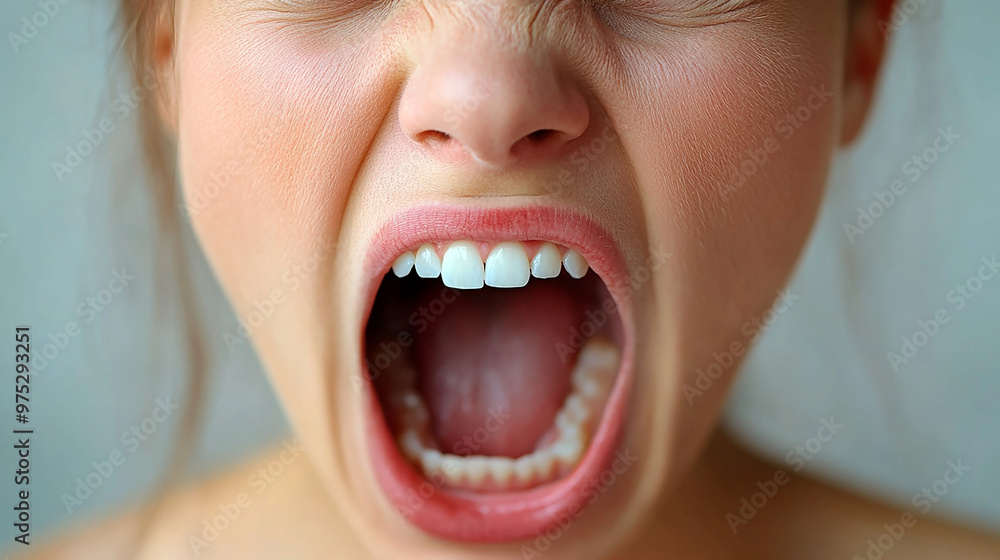woman shouting and say no, closeup photo with open mount and facial ...
