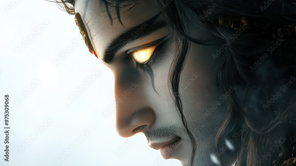 Characters detailed view of Lord Shivaâ€™s face, focusing on the subtle ...