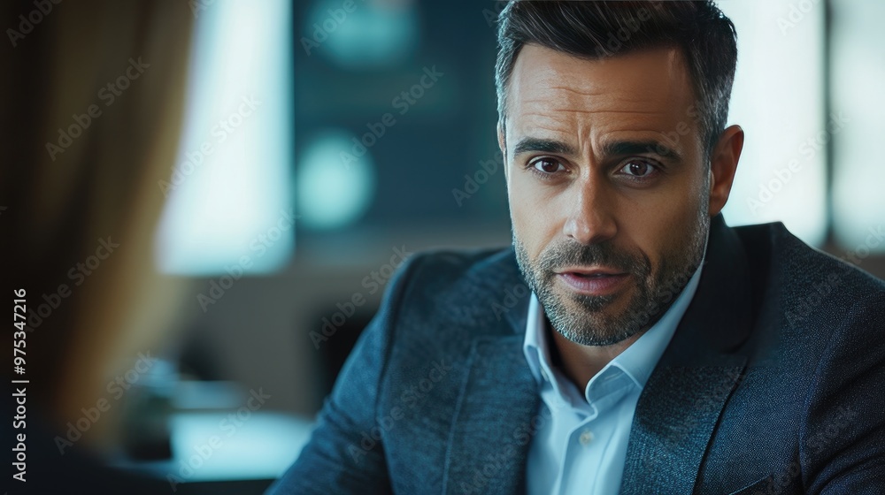 Handsome businessman wearing an elegant suit, attentively answering ...