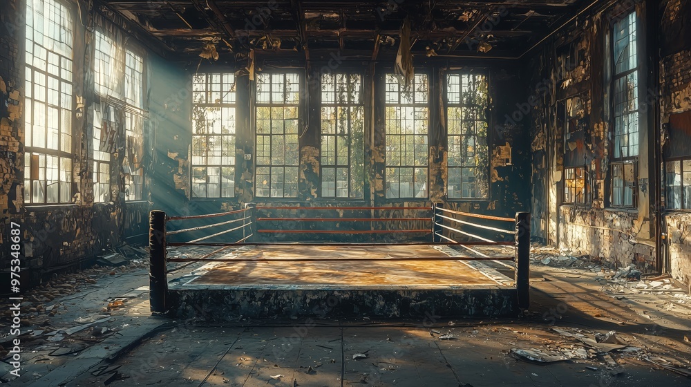 A photo of an empty boxing ring in an abandoned factory, with crumbling ...