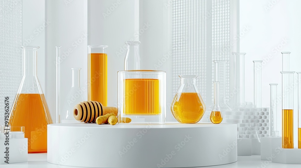A clean white laboratory setup with honey and turmeric displayed on a ...