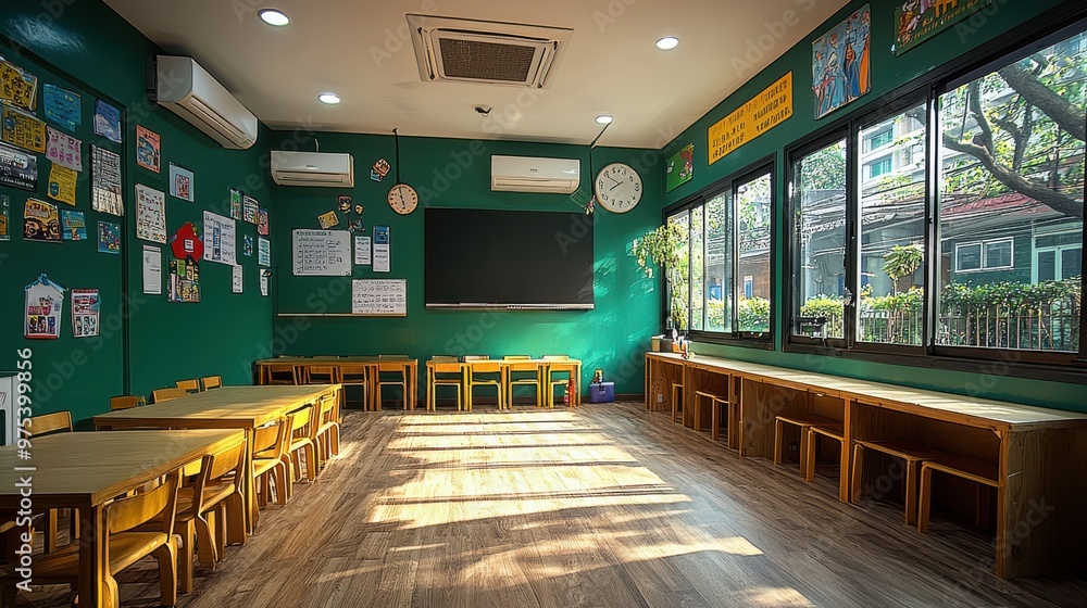 Bright and welcoming classroom with sunlight streaming through large ...