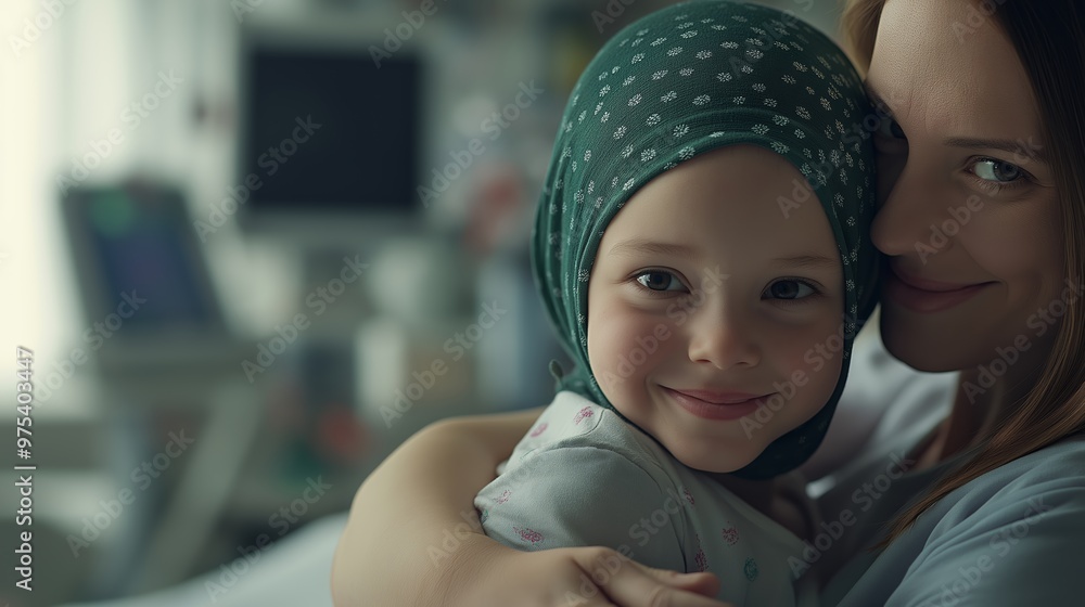 Loving embrace in a hospital. Mother comforting cancer child with a ...