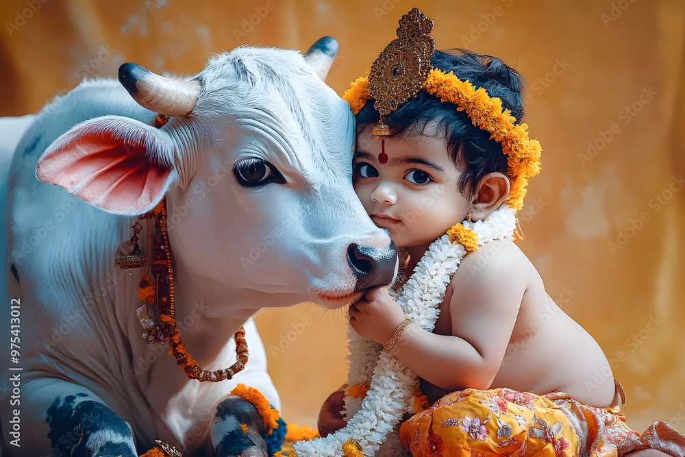 This cute little Krishna is with the revered cow, a devotional event ...