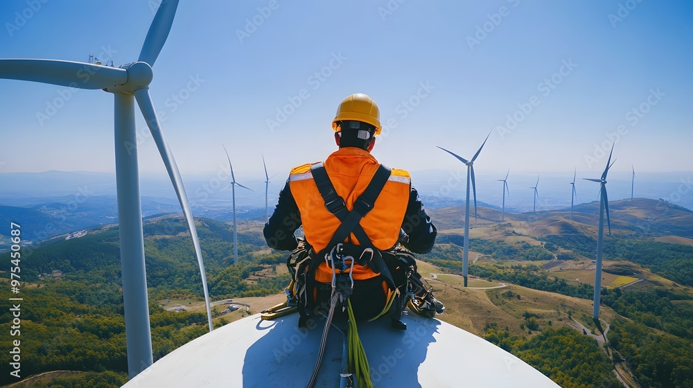 Technician in a safety harness inspecting a wind turbine generator high ...