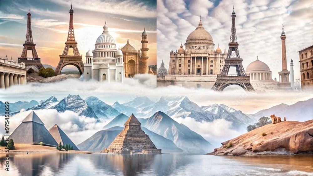 A collage of famous landmarks around the world including the Eiffel ...