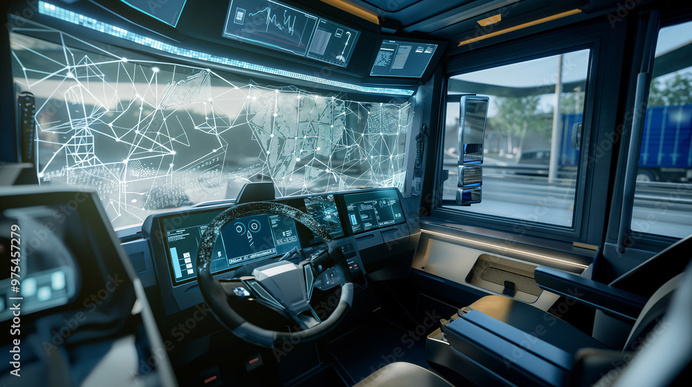 interior of a modern self driven shipping truck equipped with ...