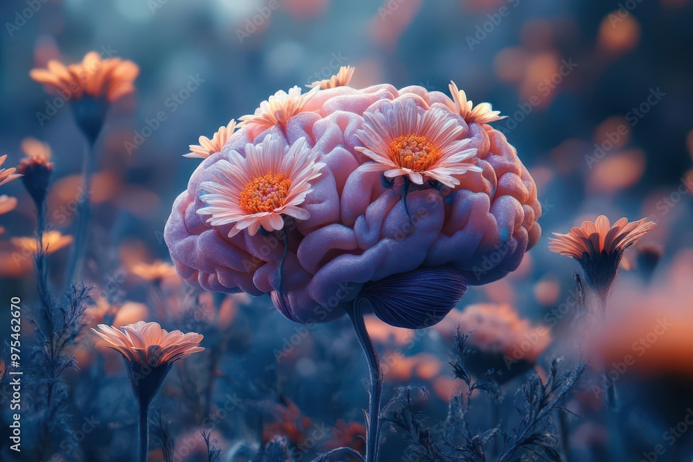 surreal blooming brain colorful flowers emerging from neural pathways ...