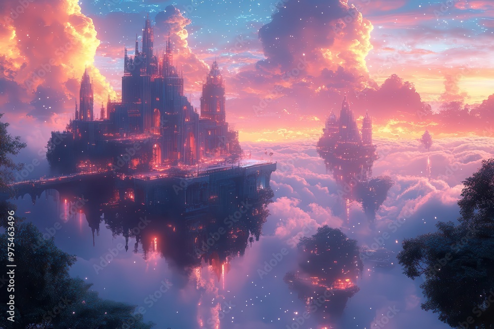 surreal dreamscape merging organic and geometric forms floating islands ...