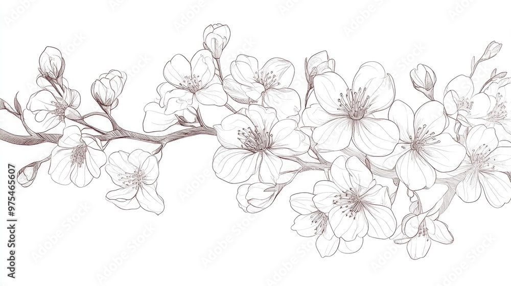 Sakura line art illustration featuring floral designs and cherry ...