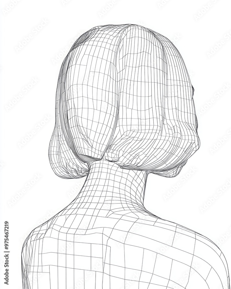 Line art illustration of a wireframe figure of a girl with a short ...