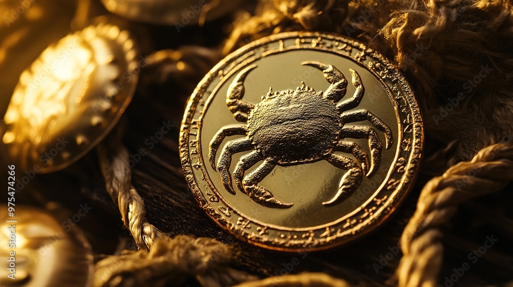 Pirate Gold Coin Featuring a Silhouette of a Crab. This image showcases ...