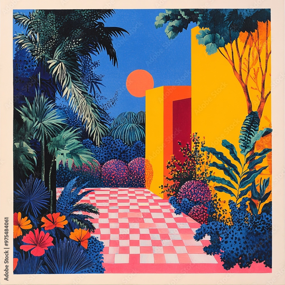 Retro 1980s Risograph Garden Art with Geometric Shapes in Square Frame ...