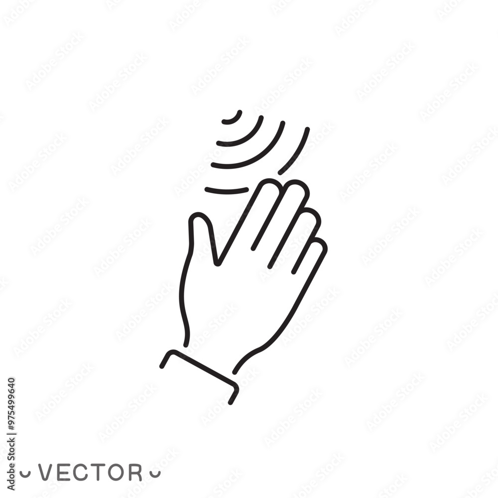sensor with hand icon, touch movement signal, thin line symbol isolated ...