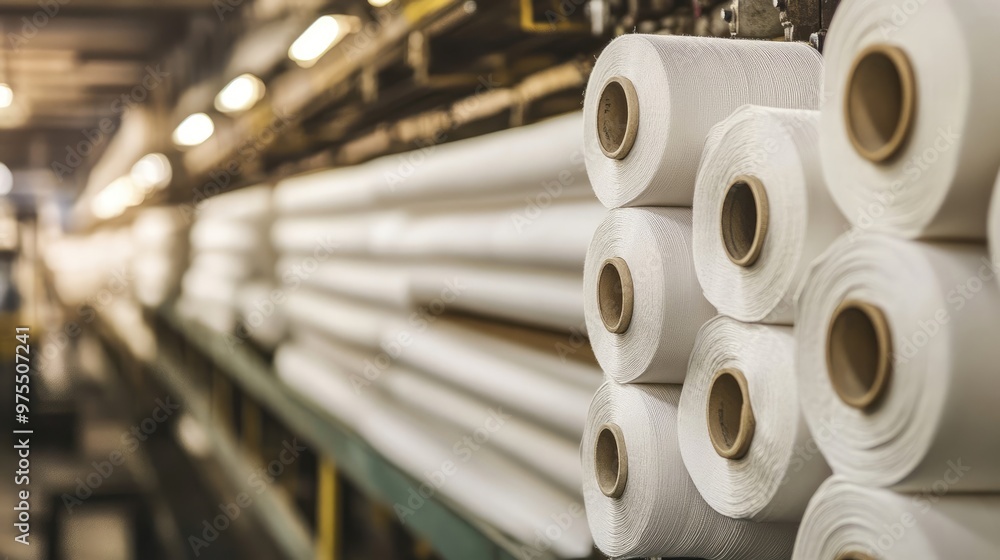 Rolls of White Fabric Neatly Arranged in an Industrial Setting ...