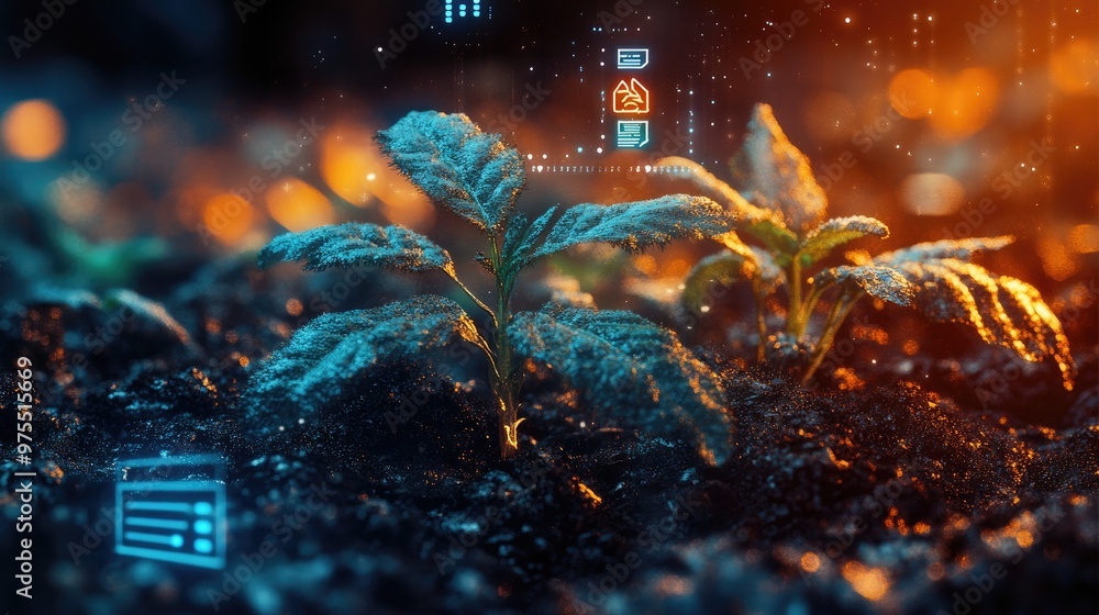 Weed-infested soil with a holographic digital overlay identifying weed ...