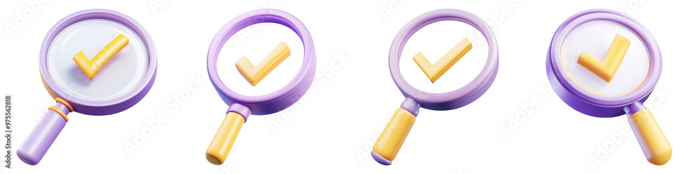 Collection of Purple and Yellow Magnifying Glasses with Checkmarks ...