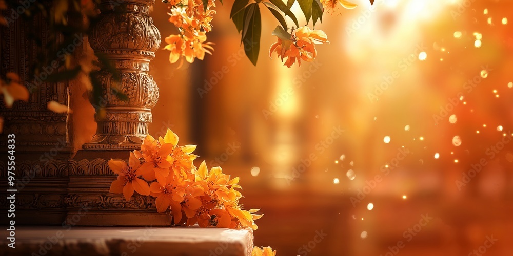 Orange flower garland on dark column with blurred bokeh lights ...