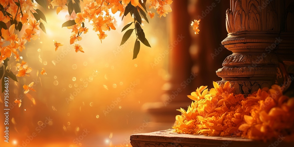 Orange flower garland on dark column with blurred bokeh lights ...