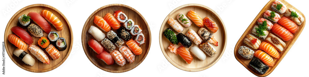 Top view of sushi nigiri with various toppings on a wooden plate ...