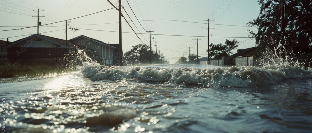 An urban street grapples with flooding, power lines running overhead ...