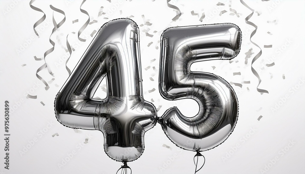 Silver birthday / anniversary balloon, number 45, white background with ...