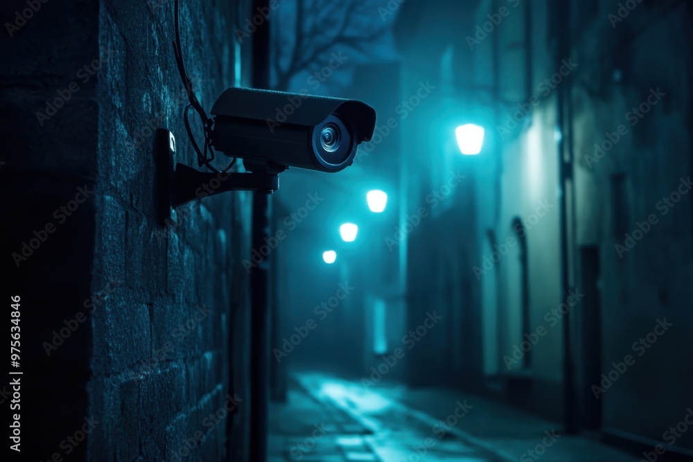 A CCTV camera placed in a dimly lit alley, with streetlights casting ...