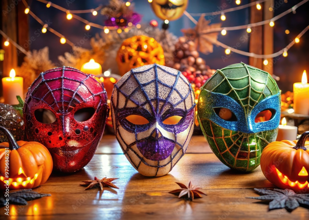 Colorful face masks adorned with fake spider webs, sequins, and glitter ...