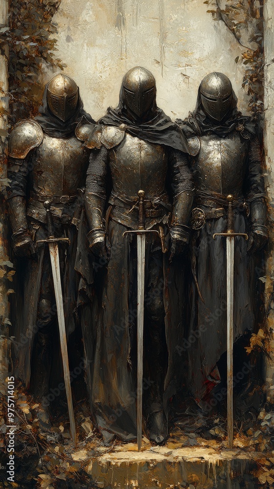 Depicts three armored knights wearing black cloaks and helmets, each ...