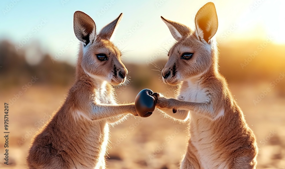 Playful Kangaroo Boxing in Australian Outback, a lively scene of ...
