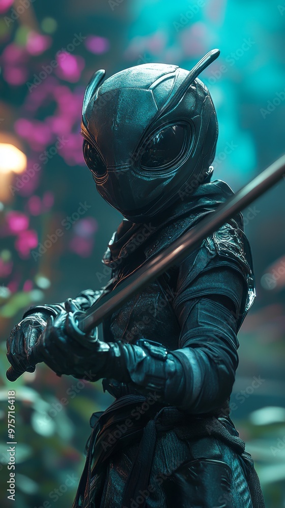 Insect-like humanoid character, holding a staff, dressed in dark armor ...