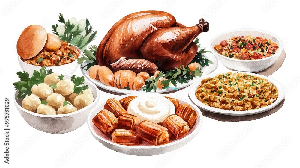 Watercolor of a multicultural family celebrating Thanksgiving, with ...