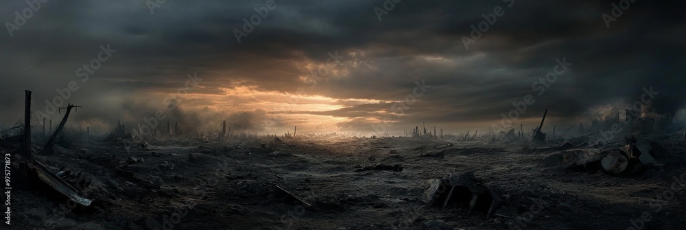 A desolate battlefield at twilight. The dark, cloud-filled sky above ...