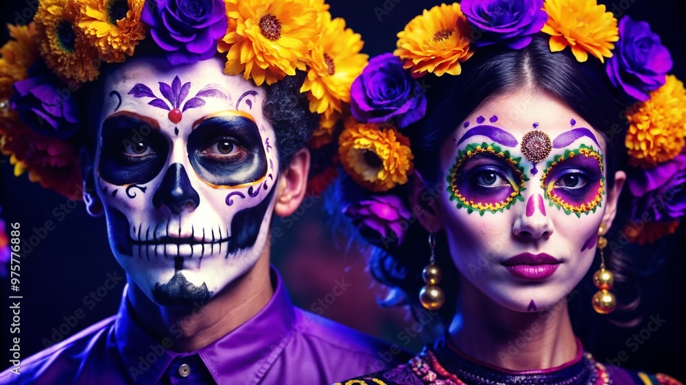 Male and female with Day of the Dead face paint and floral headpieces ...