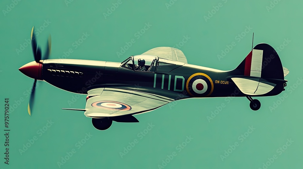 Side view of a fighter plane flying at an angle, shown against a green ...