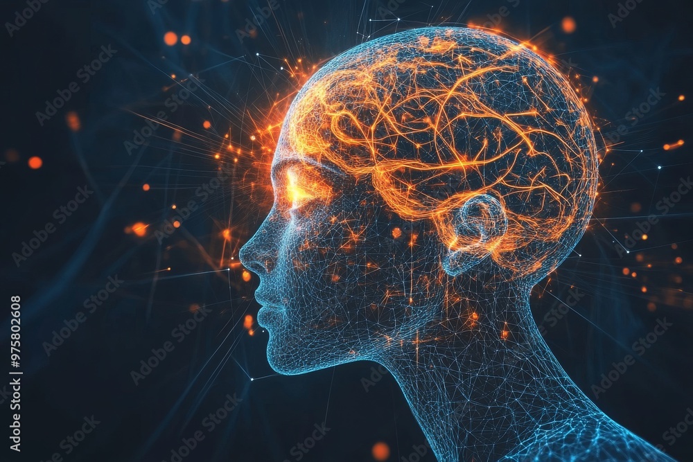 Illuminated neural brain networks in orange and blue hues depict the dynamic complexity of human ...