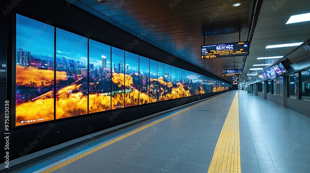 subway station with prominent large wall screen, advanced digital ...