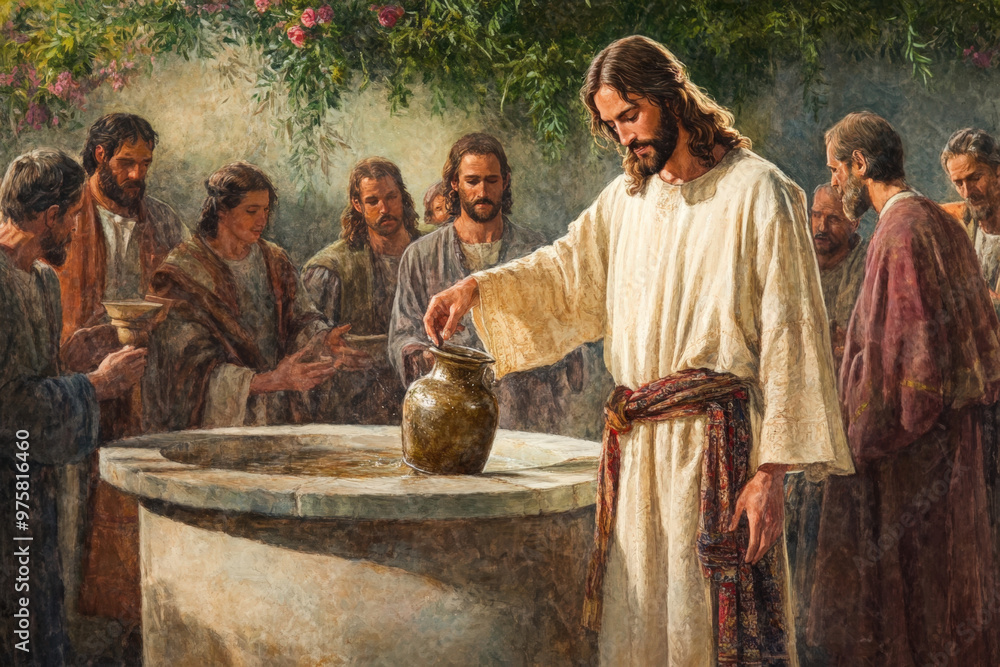Jesus is performing his first miracle by turning water into wine at a ...