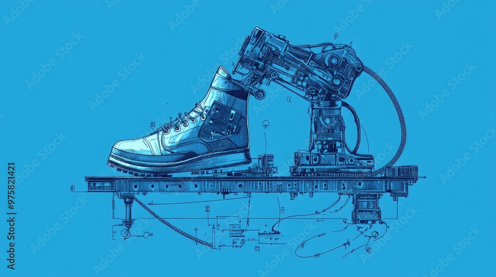 A robotic arm reaches down to a single shoe on a platform. The image is ...