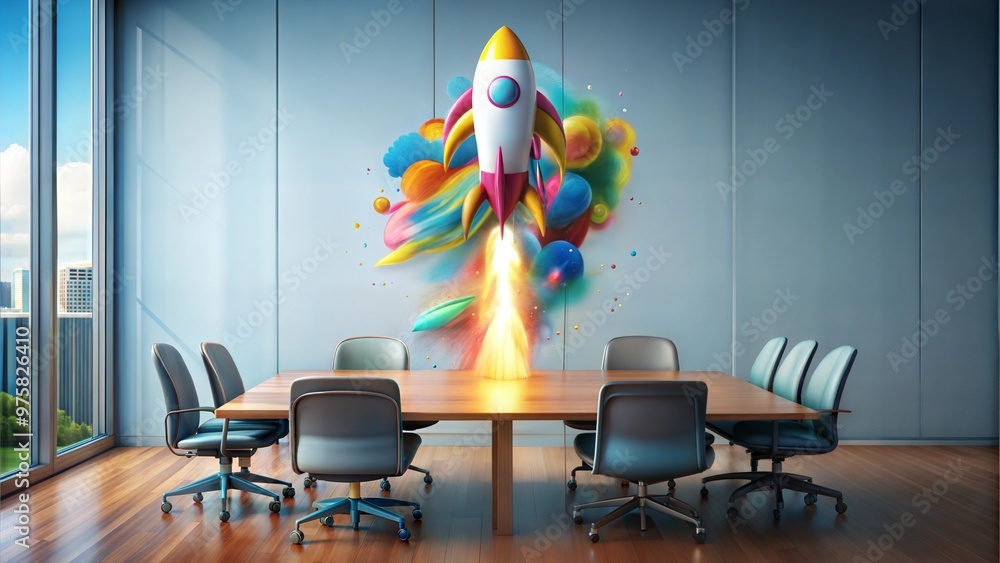 Rocket made of colorful swirling ideas, launching from a business ...