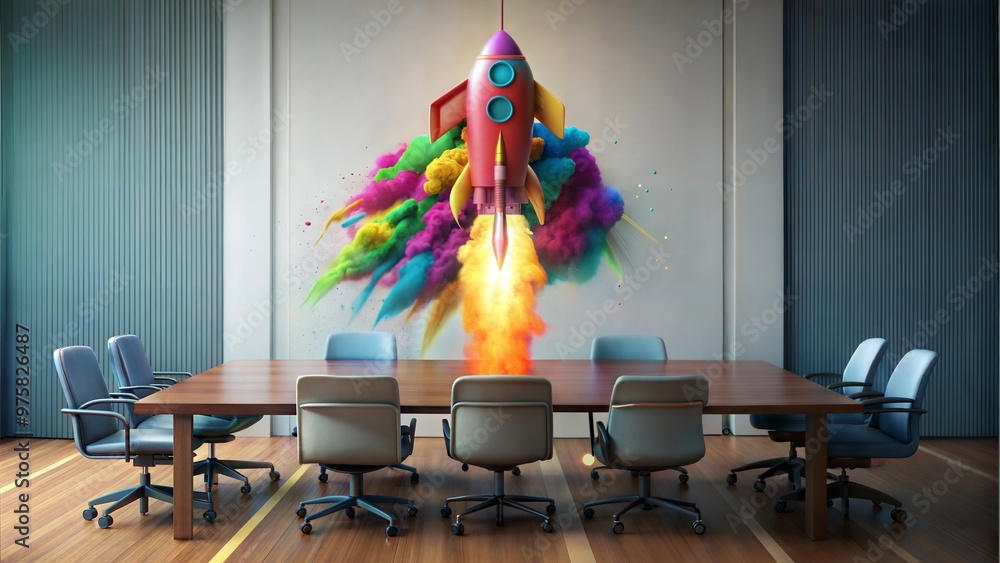 Rocket made of colorful swirling ideas, launching from a business ...