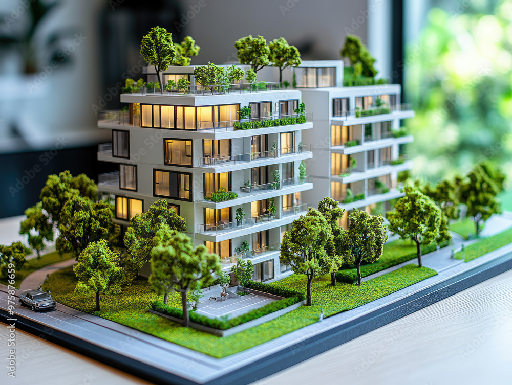 Explore a detailed scale model showcasing a modern sustainable housing ...