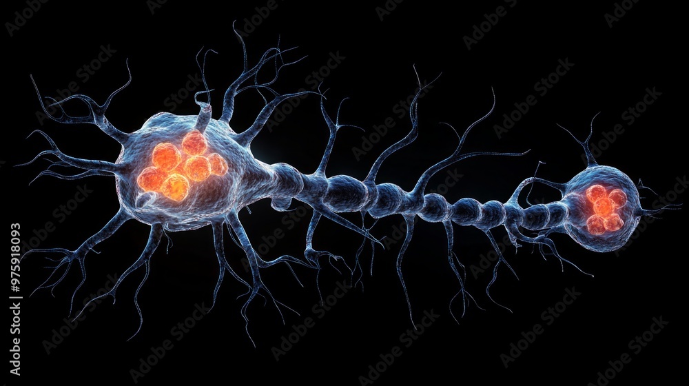 Human neuron cell, unit of nervous system, synaptic transmission of nerve impulses. Cell body ...