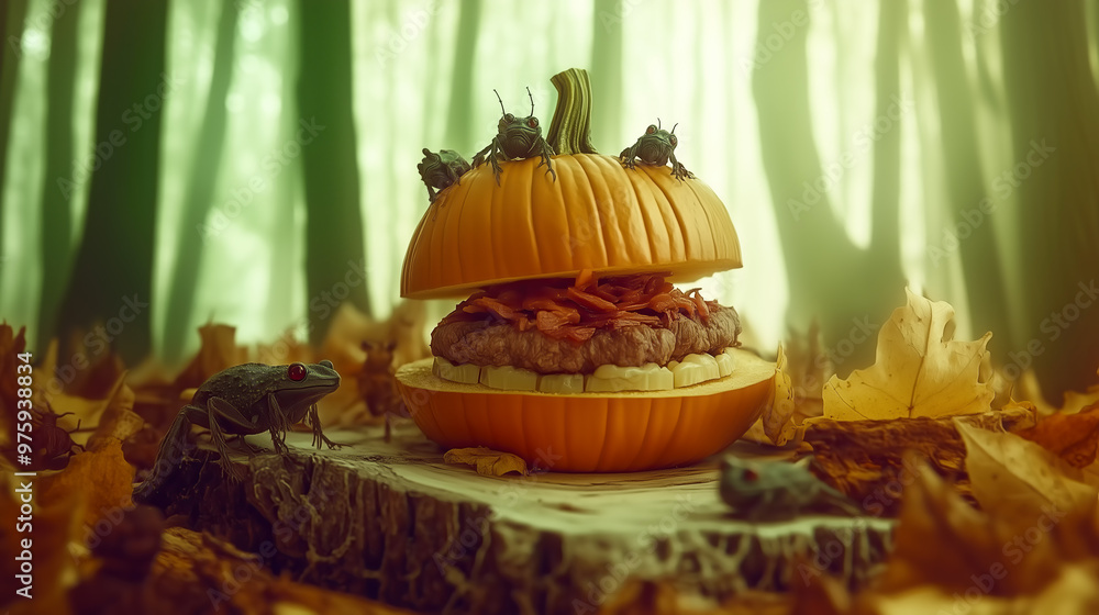Halloween pumpkin shaped like a hamburger with a steak inside. Frogs ...
