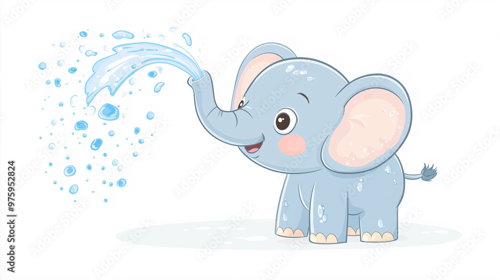 Cute cartoon elephant spraying water, simple flat illustration, white ...