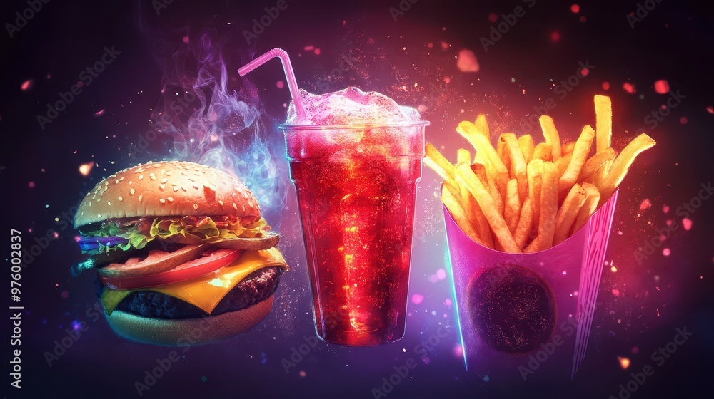 Levitating fast food combo: burger, fries, and soda all floating in ...
