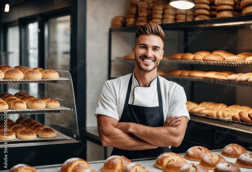 young attractive good looking man hispanic baker selling and baking ...