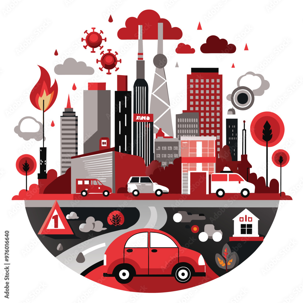 This visual representation depicts a dynamic city landscape featuring ...